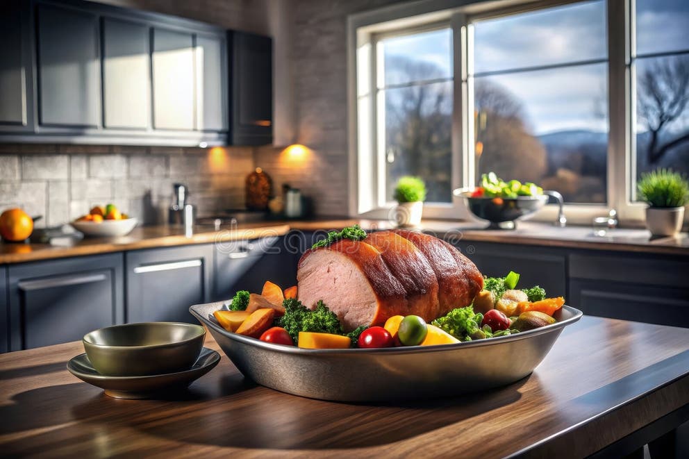 A Roasted Meat Centerpiece with Assorted Vegetables on a Kitchen Table ...