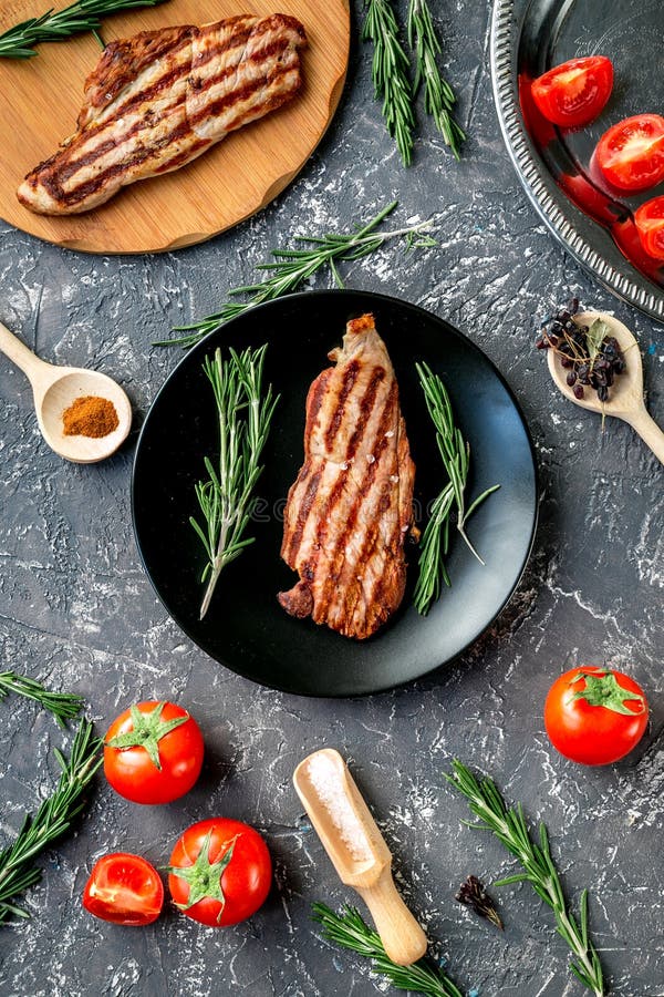 Roasted Meat in Cooking Steak Concept Gray Background Top View Stock ...