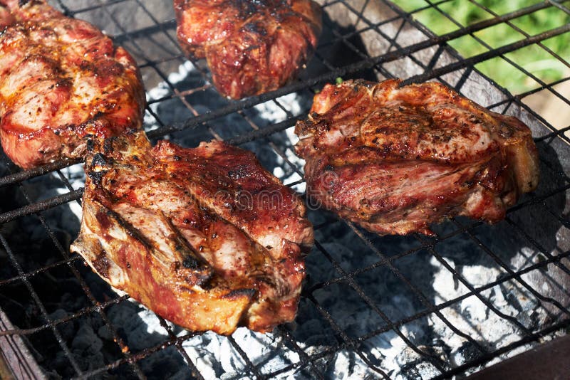 Roasted Meat on Grill Outdoor Stock Photo - Image of cook, delicious ...