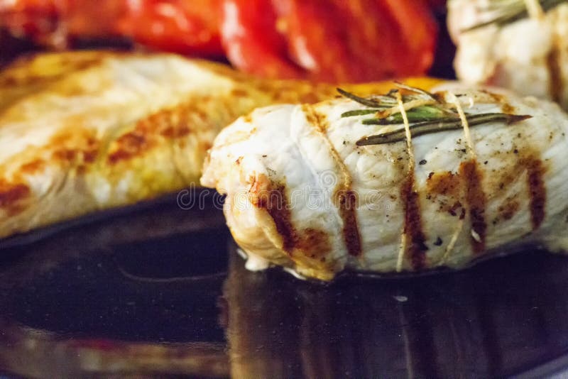 Roasted Meat Over Black Plate Stock Image - Image of roast, board: 78272825