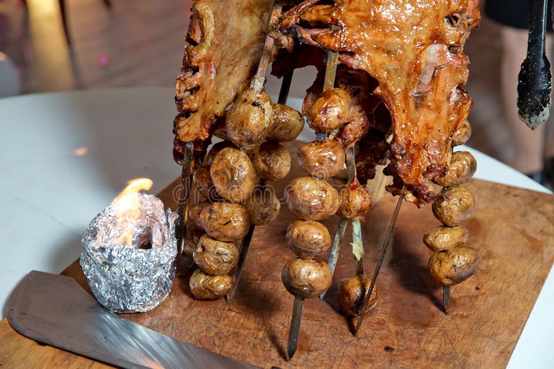Many Cooking Traditional Turkish Roasting Lamb Barbecues.Roasted Meat ...