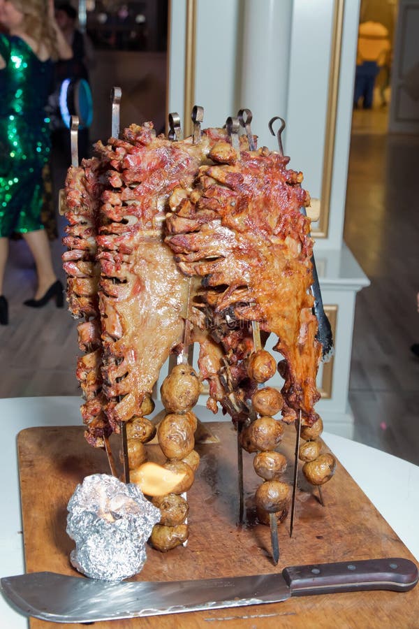 Many Cooking Traditional Turkish Roasting Lamb Barbecues.Roasted Meat ...