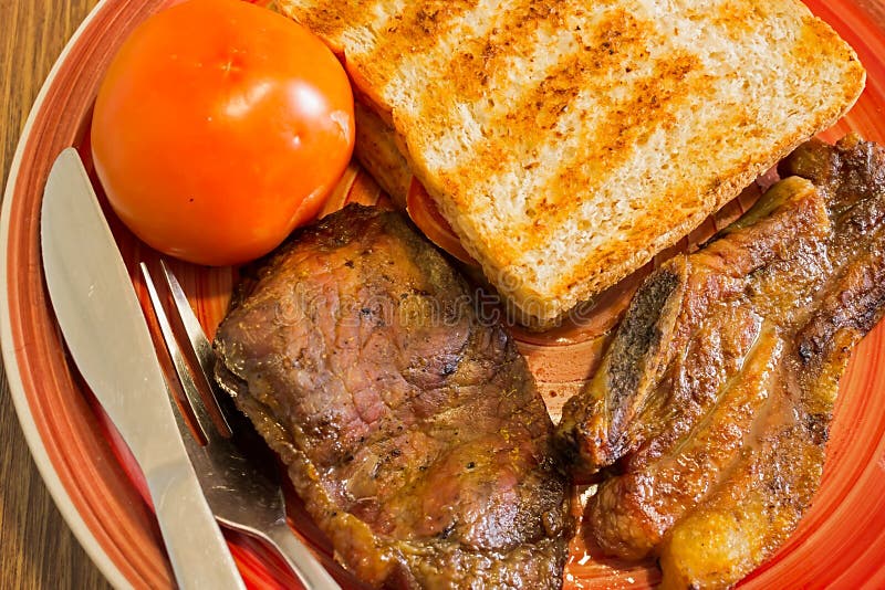 Roasted Meat and Toasted Bread Stock Photo - Image of steak, snack ...