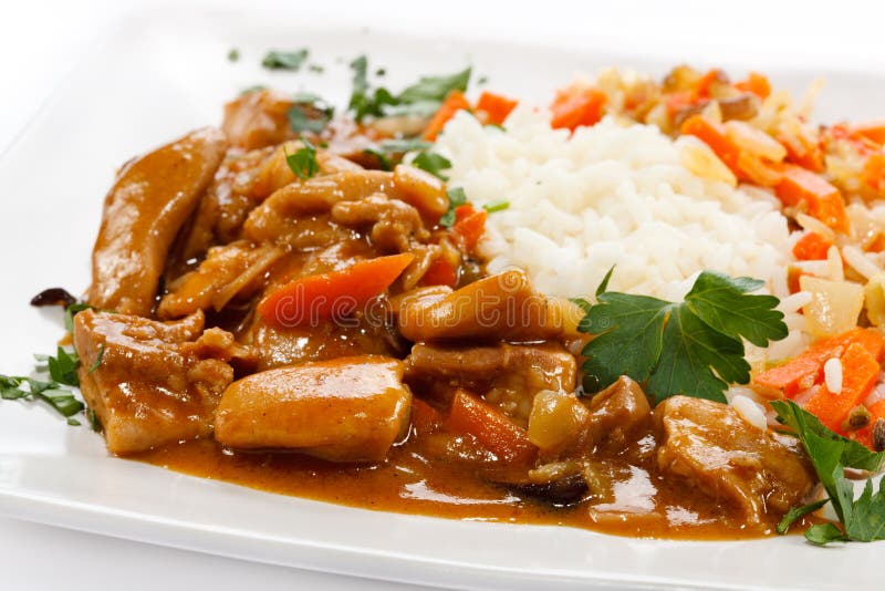 Roasted Meat, White Rice and Vegetables Stock Photo - Image of food ...