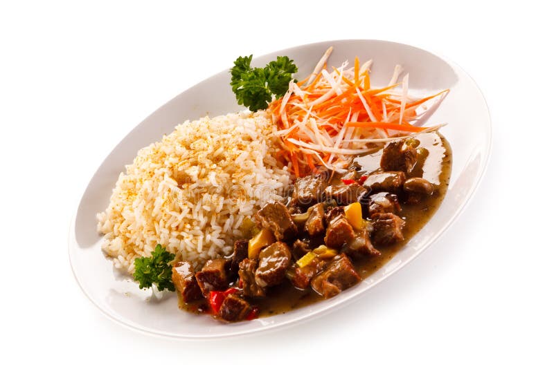 Roasted Meat, White Rice and Vegetables Stock Image - Image of dinner ...