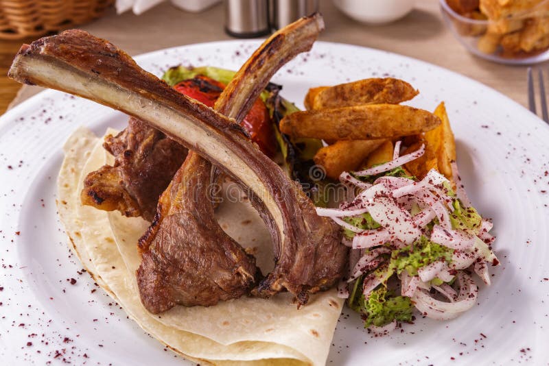 Mutton Ribs Dish Top View Composotion with Red Sauce at Dark Wooden ...