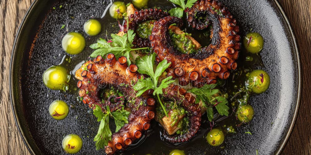 Grilled Octopus with Parsley and Sauce Stock Photo - Image of meal ...
