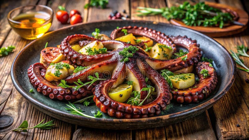 Roasted Octopus with Lemon and Potatoes a Culinary Delight. Generative ...