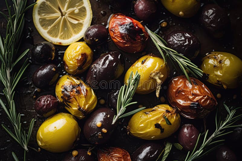 Roasted Olives. Top View Composition. Generative Ai Stock Photo - Image ...