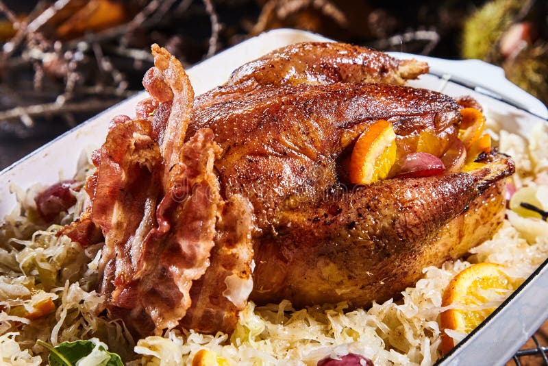 Roasted Pheasant with Crispy Bacon Stock Photo - Image of roast ...