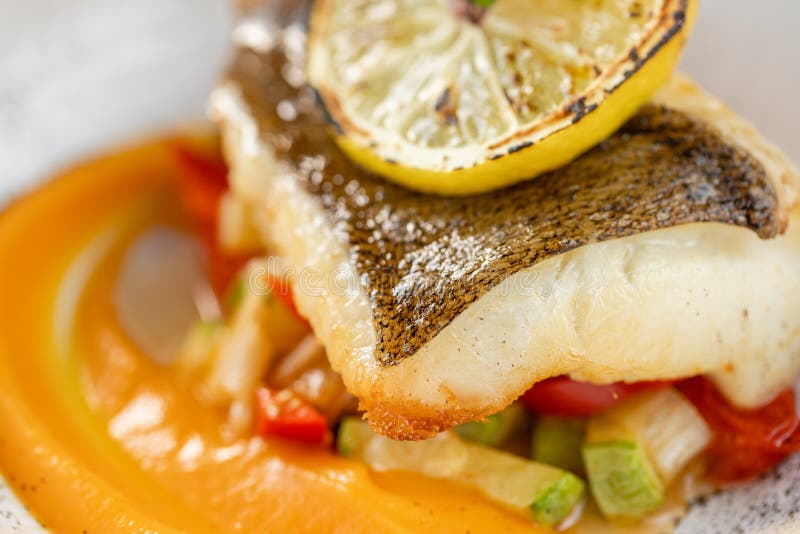 Roasted Pike Perch or Cod Fish with Baked Vegetables. Dish Decorated ...
