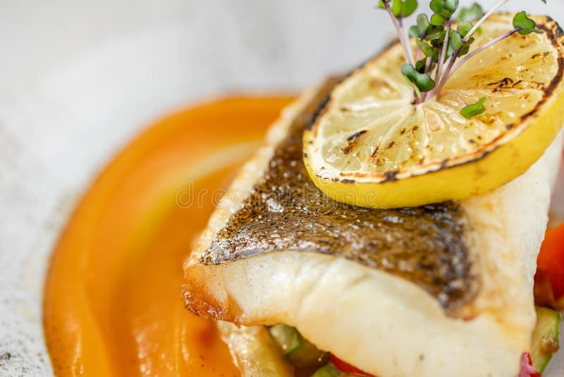 Roasted Pike Perch or Cod Fish with Baked Vegetables. Dish Decorated ...