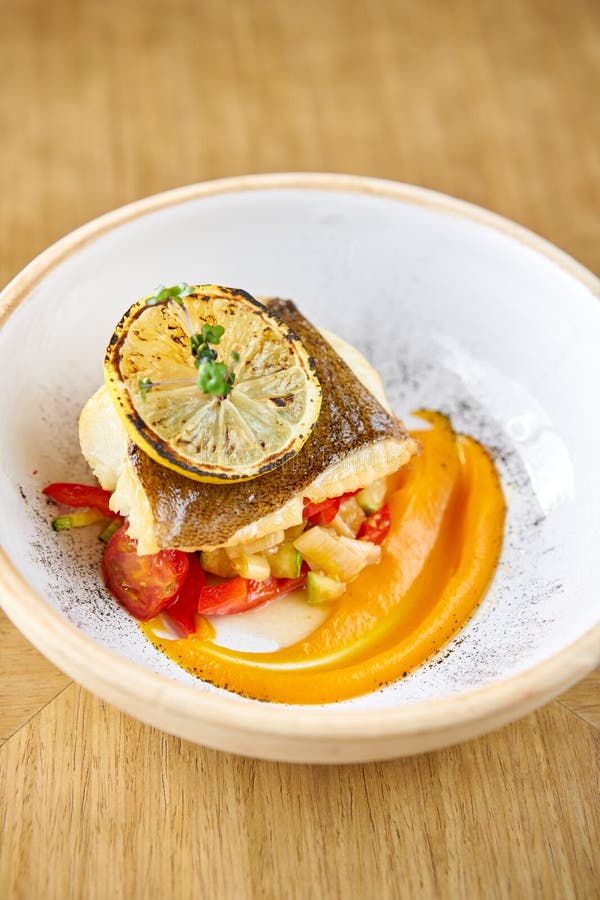 Roasted Pike Perch or Cod Fish with Baked Vegetables. Dish Decorated ...