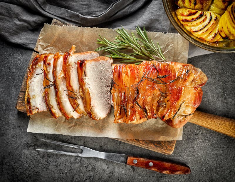 Roasted Pork on Dark Gray Table Stock Image - Image of gray ...