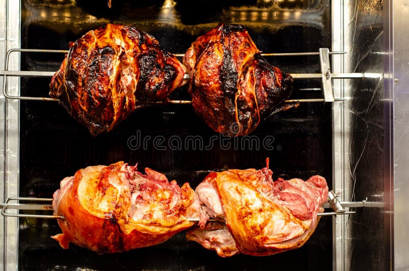 Roasted Pork Meat on Spit Grilled Over Fire Stock Photo - Image of beef ...