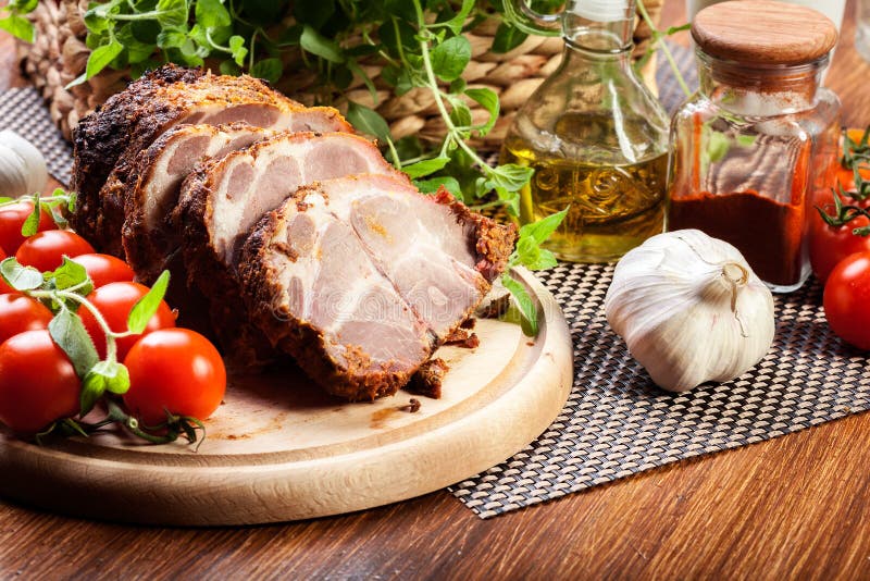 Roasted Pork Neck with Spices Stock Photo - Image of leaf, pepper: 73147944
