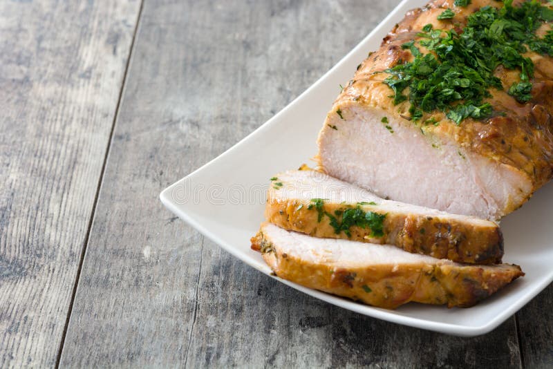 Roasted pork in plate stock photo. Image of food, wood - 82203992