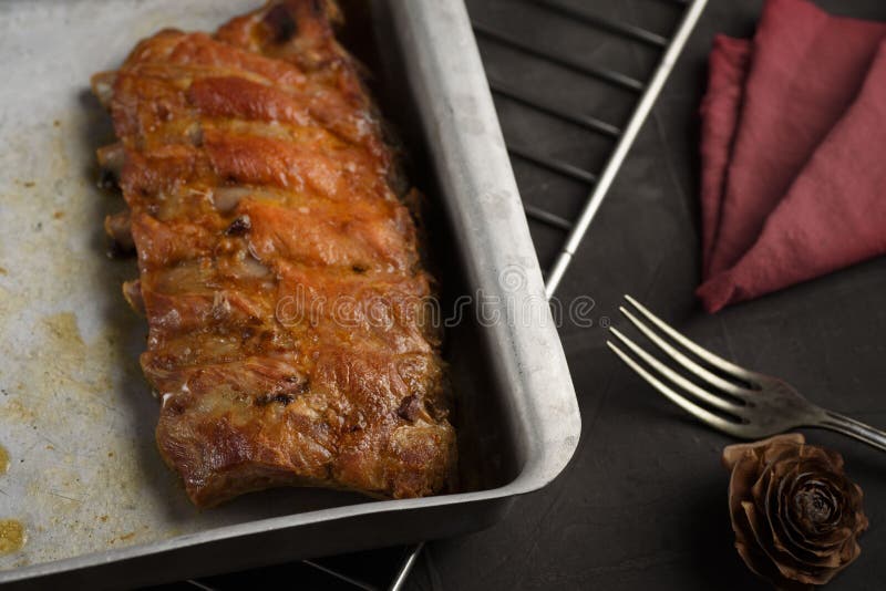 Roasted Pork Rib on a Baking Sheet Stock Image - Image of dinner ...