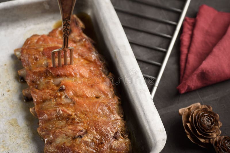 Roasted Pork Rib on a Baking Sheet Stock Photo - Image of grilling ...