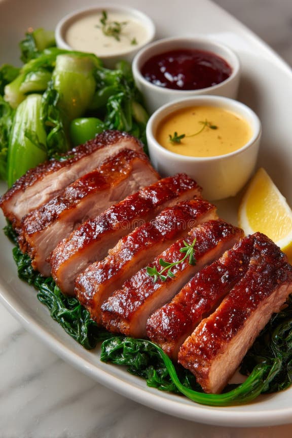 Roasted Pork with Sauces and Vegetables Stock Illustration ...