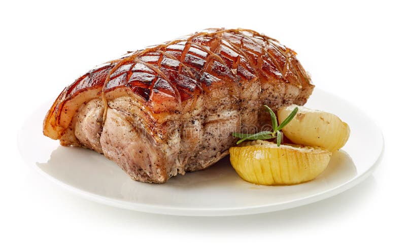 Roasted Pork on White Plate Stock Photo - Image of lunch, gold: 82013240