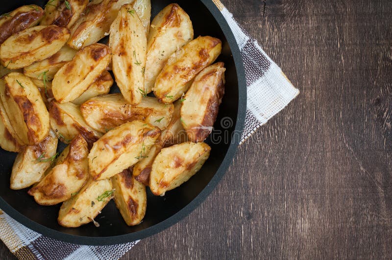 Roasted Potato in Pan. Horizontal View from Above Stock Photo - Image ...