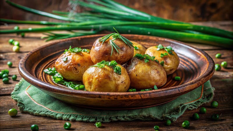 Roasted Potatoes with Fresh Herbs on Rustic Wooden Table. Generative AI ...