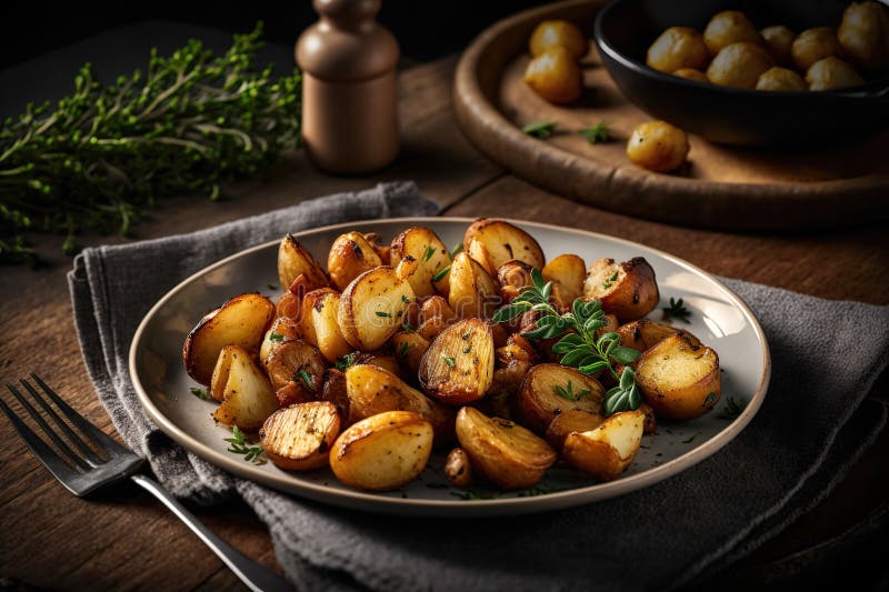 Roasted Potatoes in Plate on Wooden Table - Generative AI Stock ...