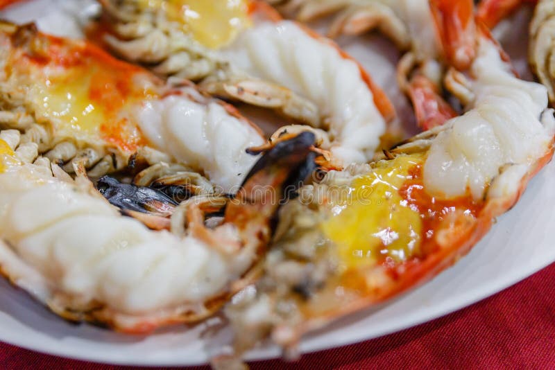 Roasted Prawns and Scallop with Seafood Hot and Sour Soup Stock Photo ...