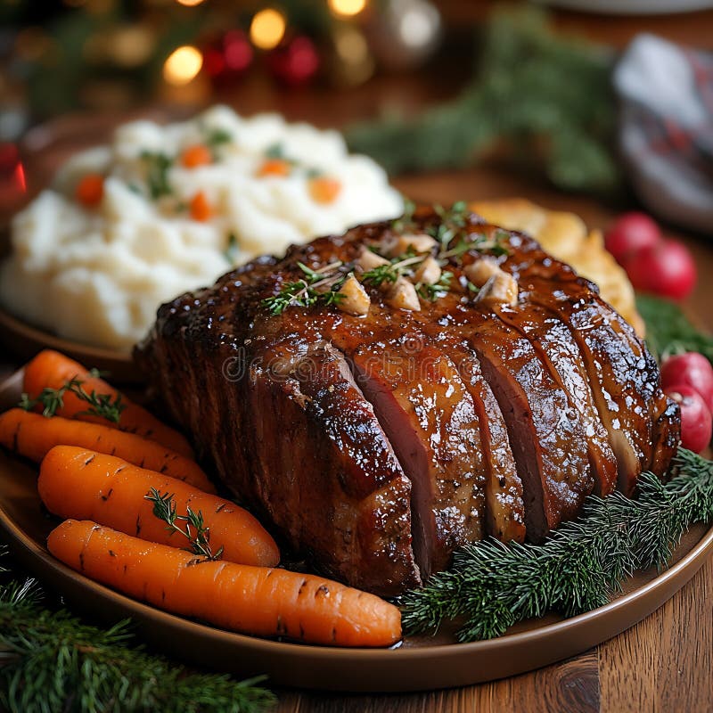A Roasted Prime Rib with Carrots and Mashed Potatoes Stock Image ...