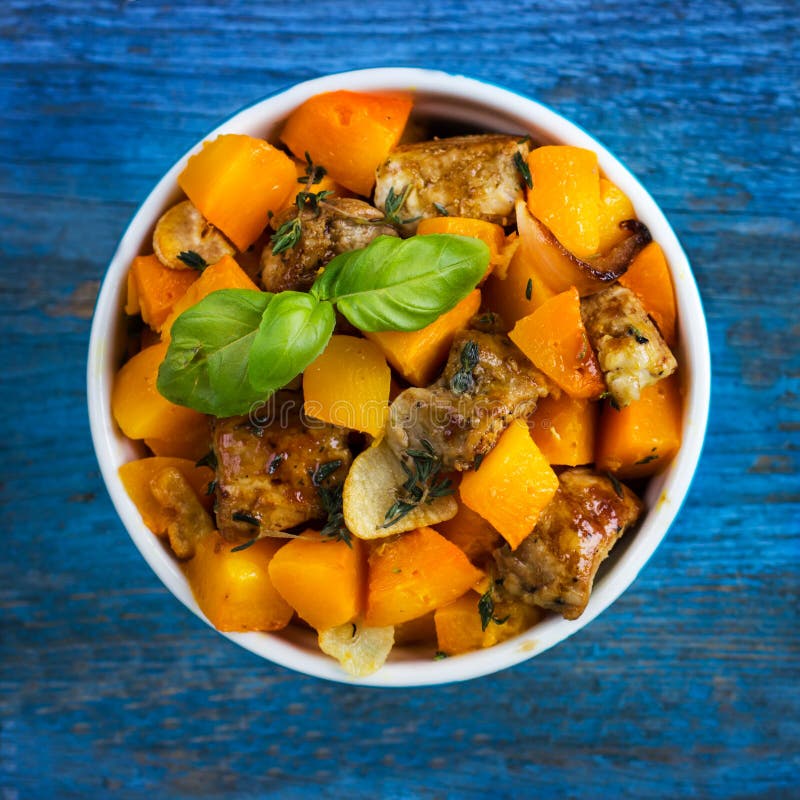 Roasted Pumpkin and Meat on the Pan Stock Photo - Image of dessert ...