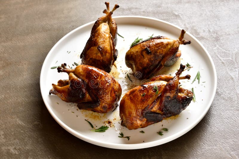 Roasted quails on plate stock photo. Image of poultry - 181268212