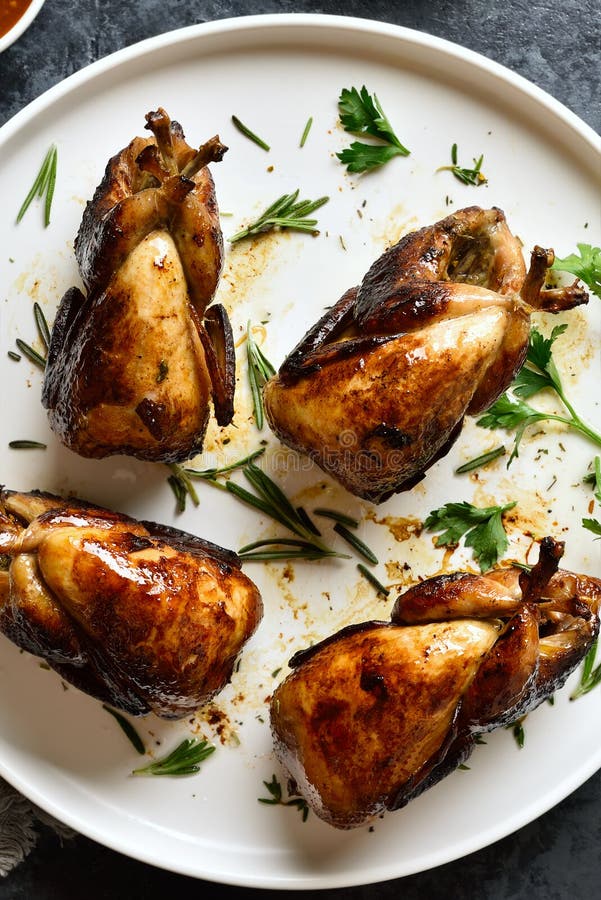 Roasted quails on plate stock photo. Image of delicious - 253157888