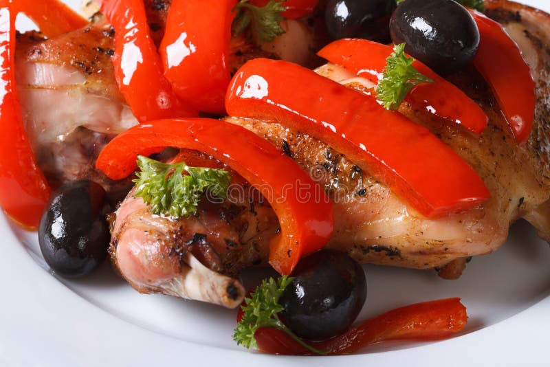 Roasted Rabbit Meat with Peppers, Olives and Fresh Herbs Macro. Stock ...