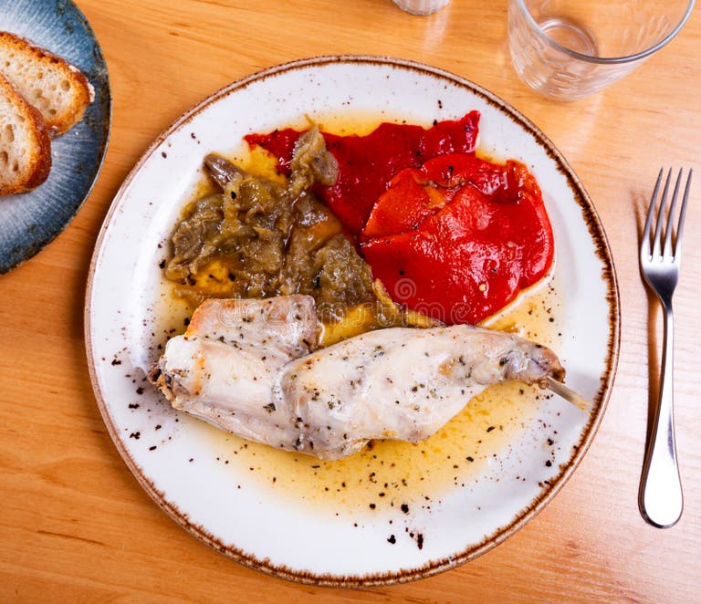 Roasted Rabbit Served with Potato and Vegetables Stock Photo - Image of ...