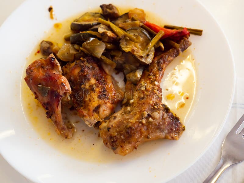 Roasted Rabbit Served with Potato and Vegetables Stock Photo - Image of ...