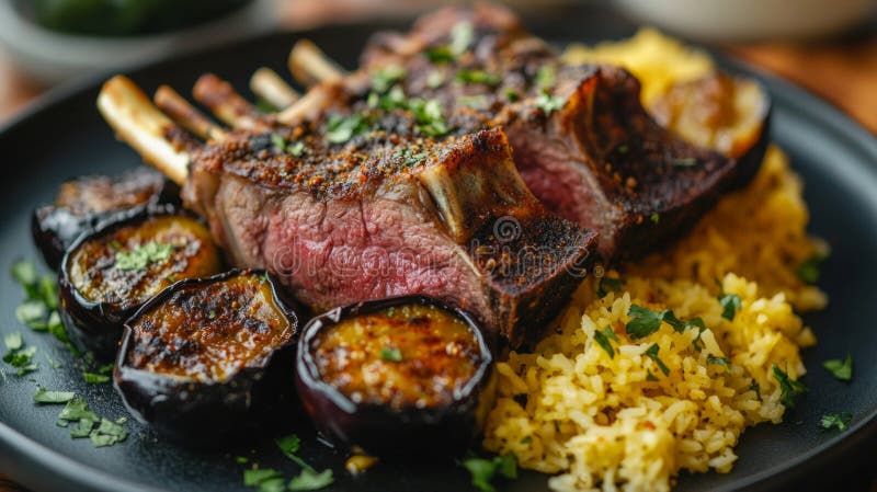 Roasted Rack of Lamb with Grilled Eggplant and Yellow Rice Stock ...