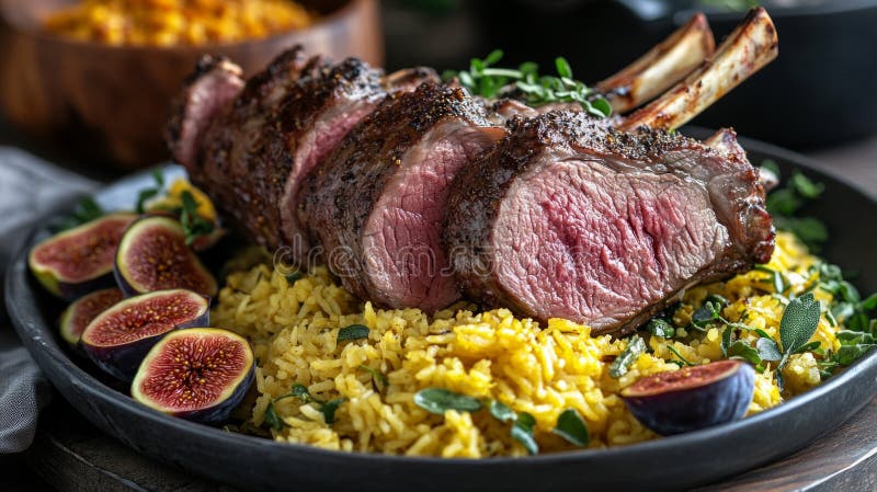 Roasted Rack of Lamb with Saffron Rice and Figs Stock Illustration ...