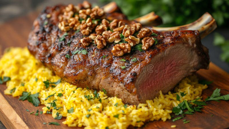 Roasted Rack of Lamb with Saffron Rice and Walnuts Stock Illustration ...