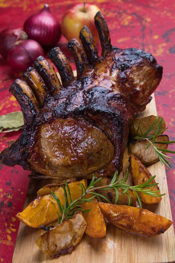 Roasted Rack of Lamb Ribs, Mutton Spareribs, Sliced Meat on Plate ...