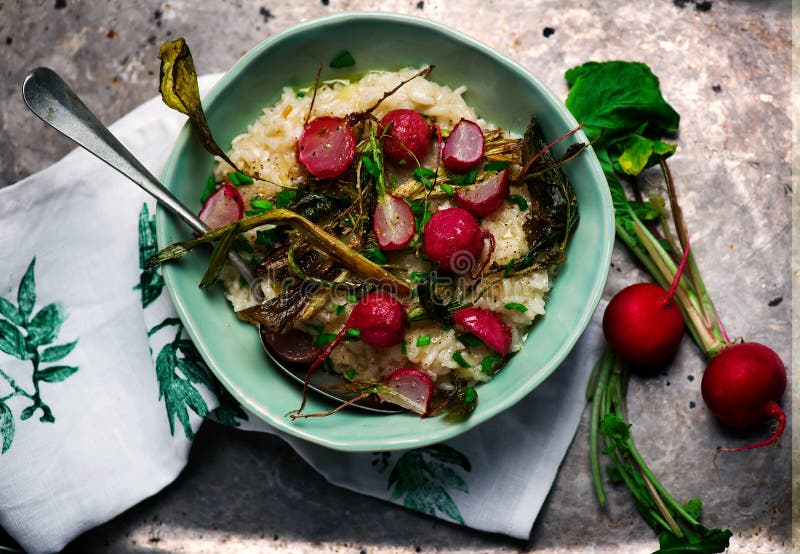 Roasted Radish Risotto in Blue Dish Stock Photo - Image of dish ...