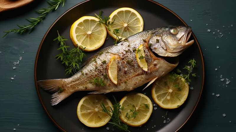 Roasted Rainbow Fish with Lemon on Plate Ai Generated Image Stock Image ...