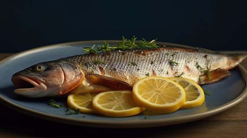 Roasted Rainbow Fish with Lemon on Plate Ai Generated Image Stock Photo ...