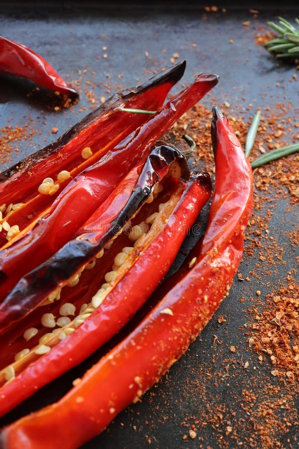 Roasted Red Chilli Peppers with Chilli Powder Stock Image - Image of ...