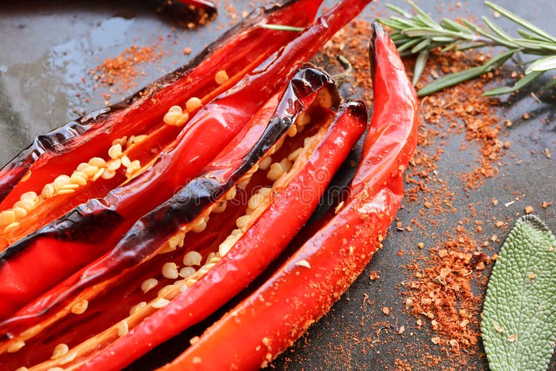 Roasted Red Chilli Peppers with Chilli Powder Stock Photo - Image of ...