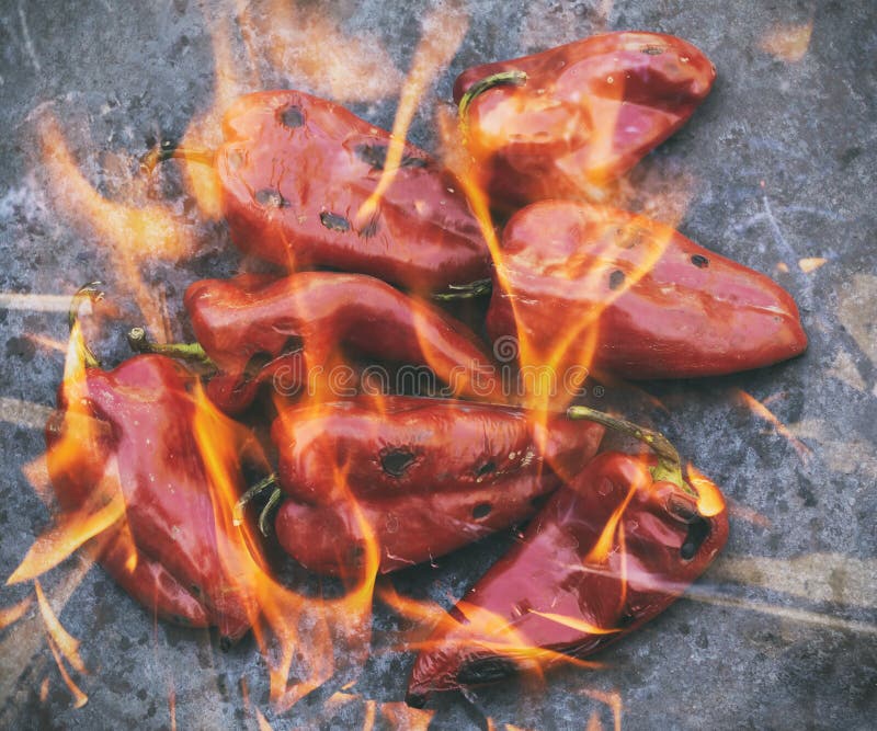 Roasted Red Peppers on the Barbecue, Double Exposure. Stock Photo ...