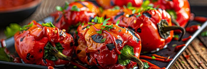 Roasted Red Peppers Drizzled with a Y Sriracha Sauce and Served As an ...