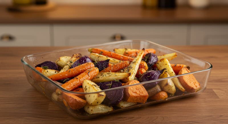 Roasted Root Vegetables in Glass Dish Stock Photo - Image of delicious ...