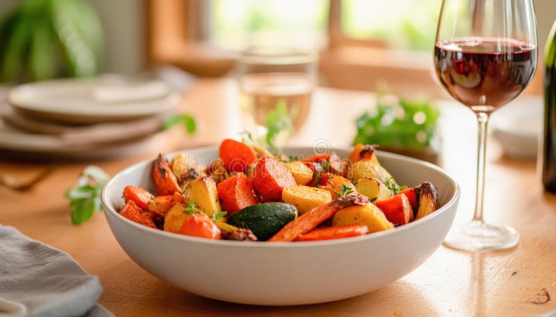 Roasted Root Vegetables Served in Bowl on Dining Table with Wine Stock ...