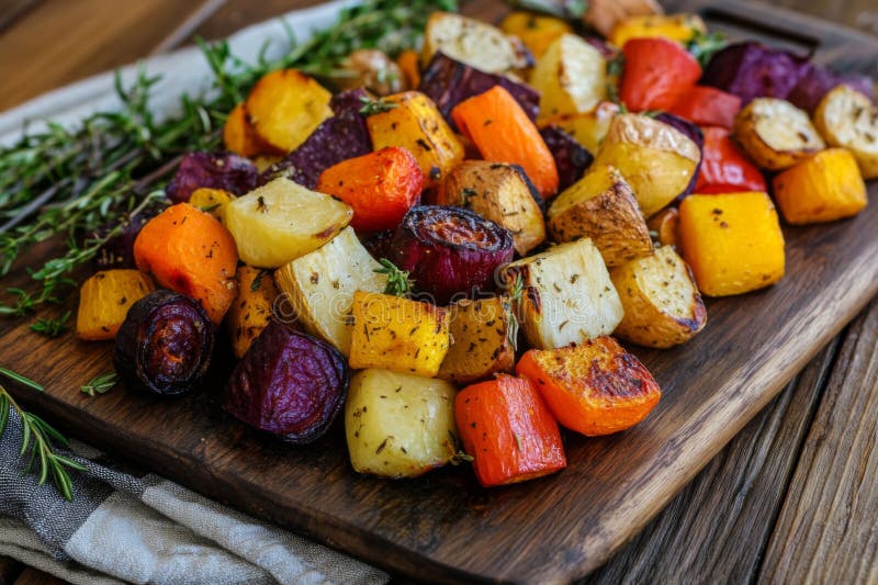 Roasted Root Vegetables on Wooden Cutting Board Stock Illustration ...
